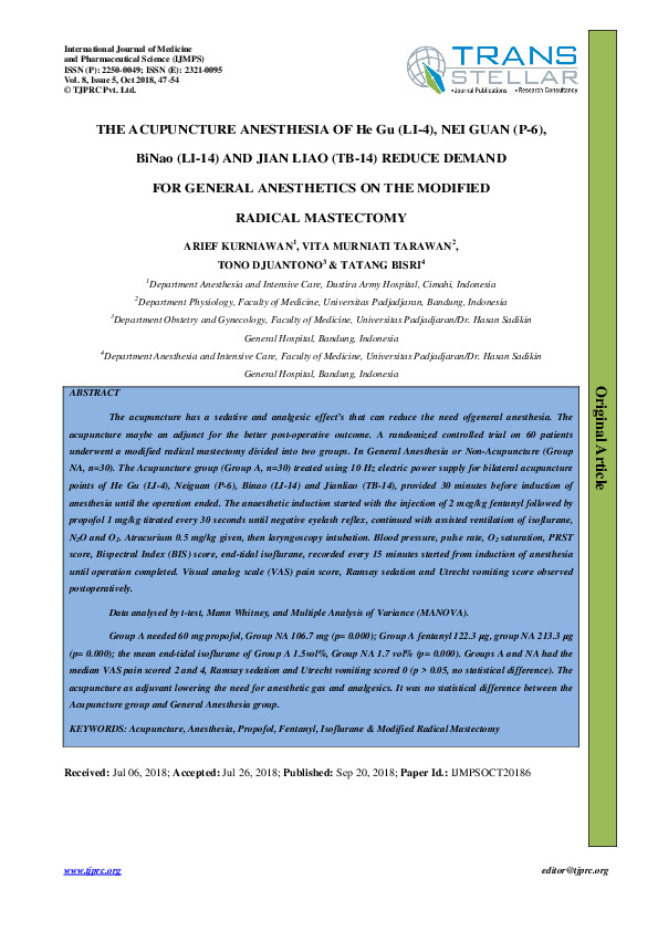(PDF) THE ACUPUNCTURE ANESTHESIA OF He Gu (LI-4), NEI GUAN (P-6), BiNao ...