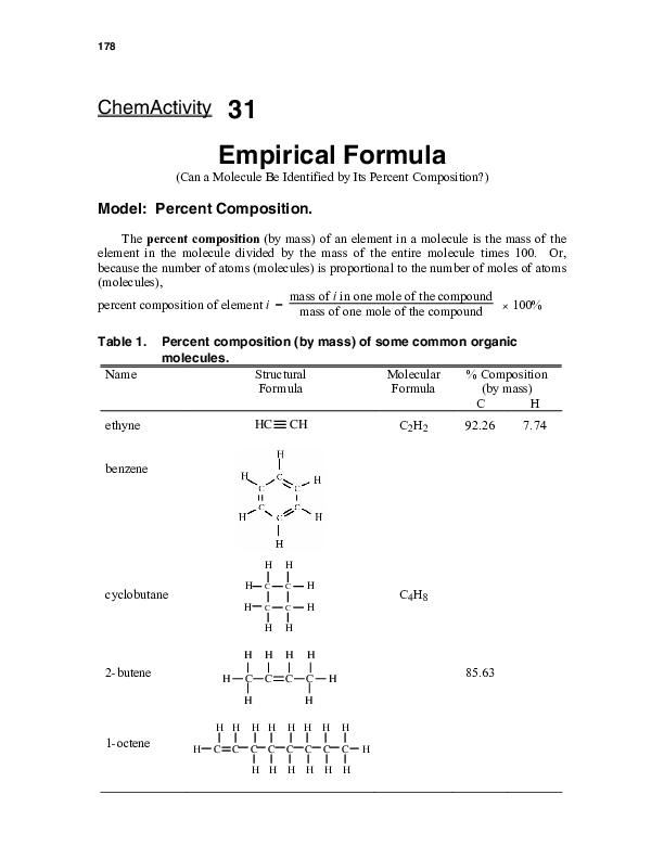 (PDF) ChemActivity 31 Empirical Formula Model: Percent Composition
