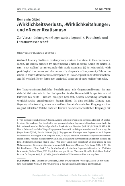 (PDF) ›Wirklichkeitsverlust‹ , ›Wirklichkeitshunger‹ und »Neuer Realismus«