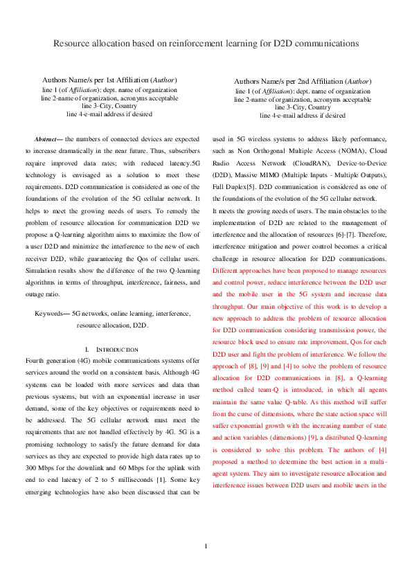 (DOC) Resource allocation based on reinforcement learning for D2D communications 1