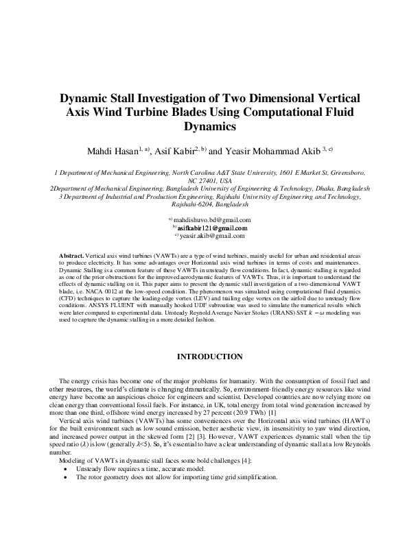 (PDF) Dynamic Stall Investigation of Two Dimensional Vertical Axis Wind Turbine Blades Using ...