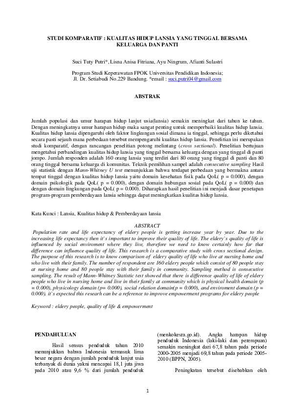 (PDF) STUDI KOMPARATIF : KUALITAS HIDUP LANSIA YANG TINGGAL BERSAMA KELUARGA DAN PANTI