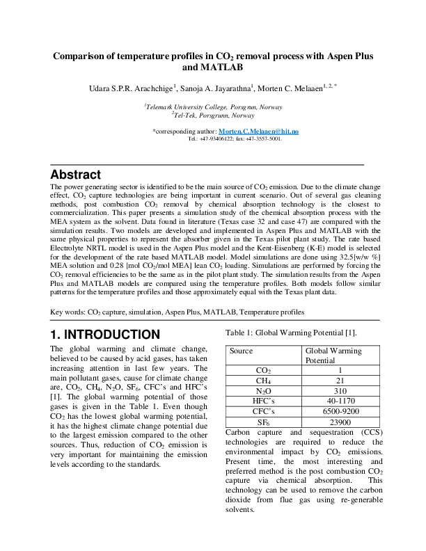 Pdf Comparison Of Temperature Profiles In Co 2 Removal Process With Aspen Plus And Matlab