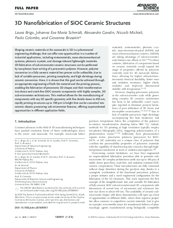 (PDF) 3D Nanofabrication of SiOC Ceramic Structures | Laura Brigo and J ...