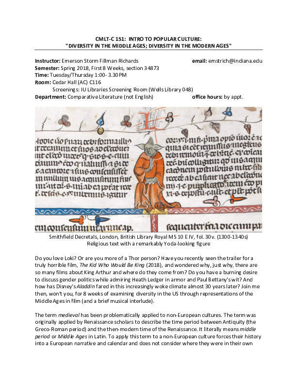 (PDF) Syllabus (CMLT-C 155): Intro to Pop Culture, Diversity in the Middle Ages; Diversity in ...