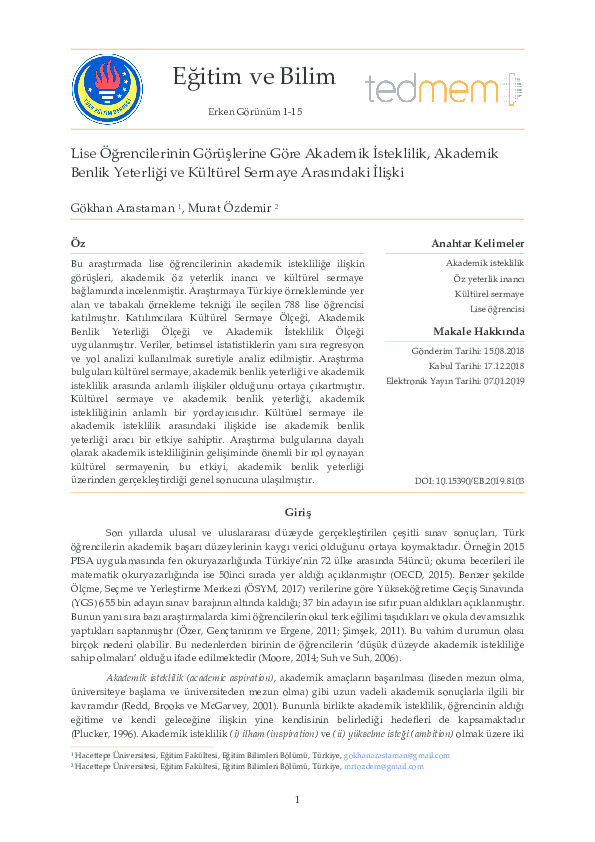 (PDF) Academic Aspiration, Academic Self - Efficacy and Cultural ...