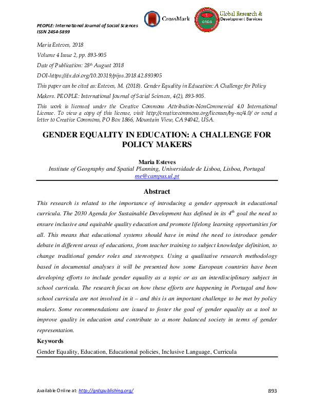 (PDF) Gender Equality in Education: a challenge for policy makers