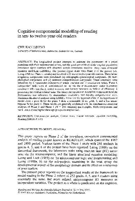 (PDF) Cognitive componential modelling of reading in ten- to twelve ...