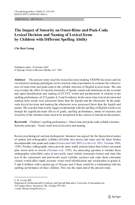(PDF) The Impact of Sonority on Onset-Rime and Peak-Coda Lexical ...