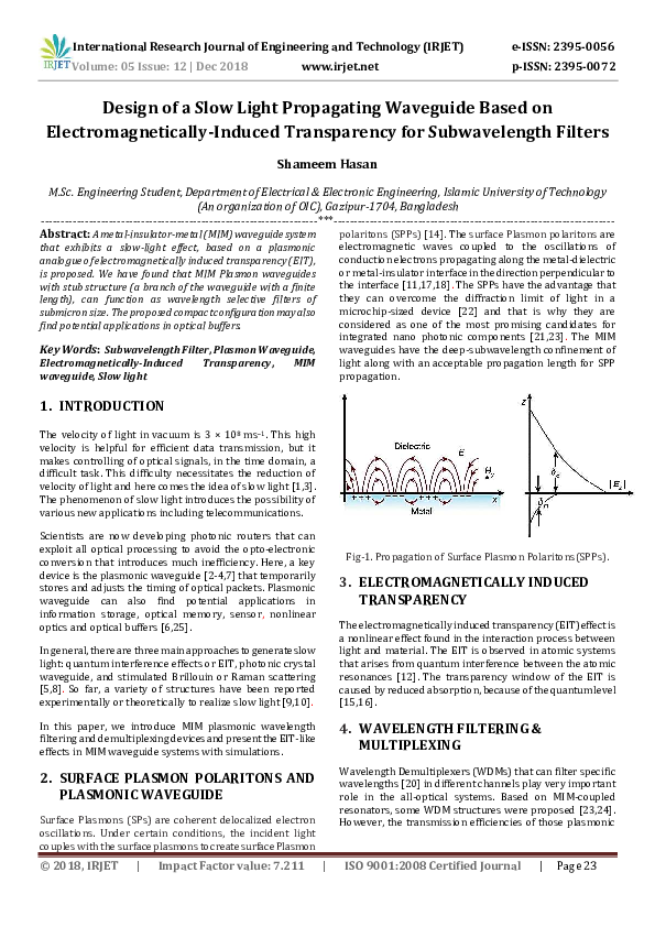 (PDF) Design of a Slow Light Propagating Waveguide Based on Electromagnetically-Induced ...