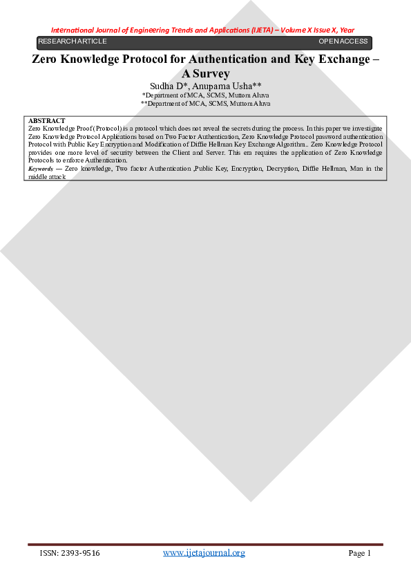 (DOC) Zero Knowledge Protocol for Authentication and Key Exchange - A Survey