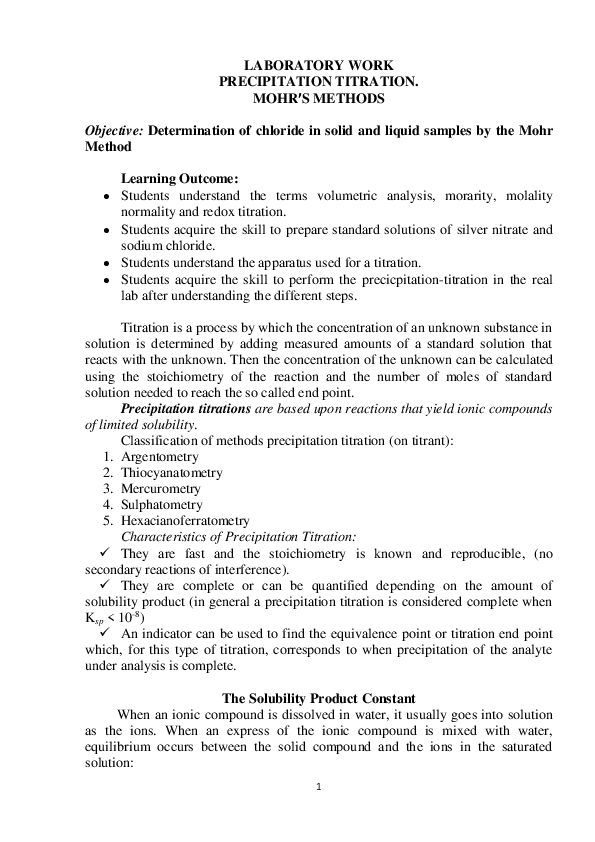 (DOC) LABORATORY WORK PRECIPITATION TITRATION. MOHRS METHODS