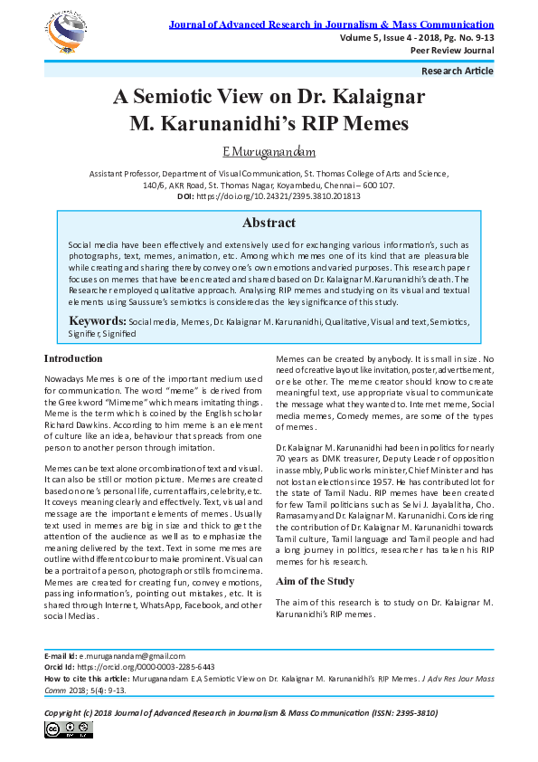 (PDF) A Semiotic View on Dr. Kalaignar M. Karunanidhi's RIP Memes E ...