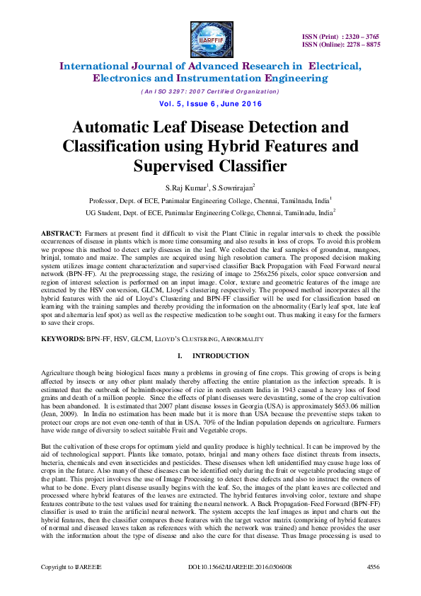 Pdf Automatic Leaf Disease Detection And Classification Using Hybrid Features And Supervised