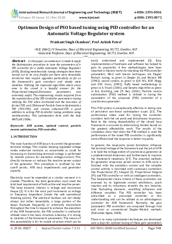 Pdf Irjet Optimum Design Of Pso Based Tuning Using Pid Controller For