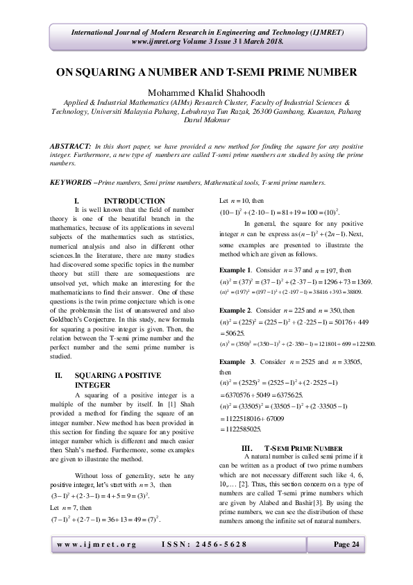(PDF) ON SQUARING A NUMBER AND T-SEMI PRIME NUMBER