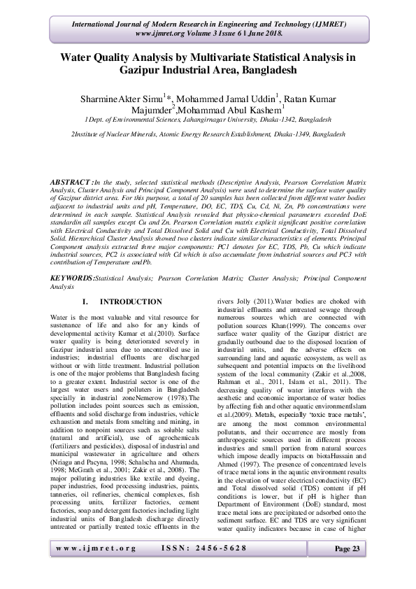 (PDF) Water Quality Analysis by Multivariate Statistical Analysis in Gazipur Industrial Area ...