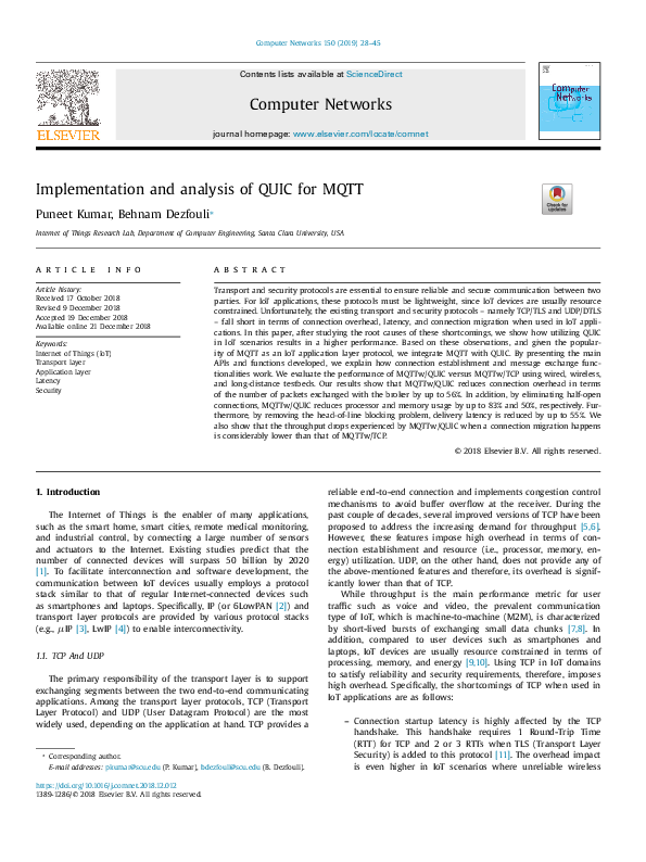 (PDF) Implementation and analysis of QUIC for MQTT