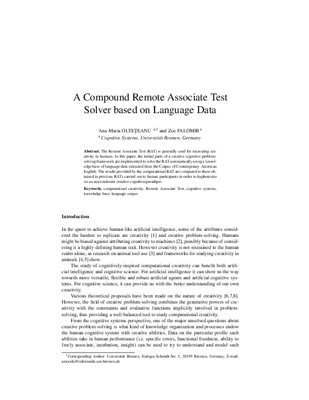 (PDF) Towards a Remote Associate Test Solver based on Language Data