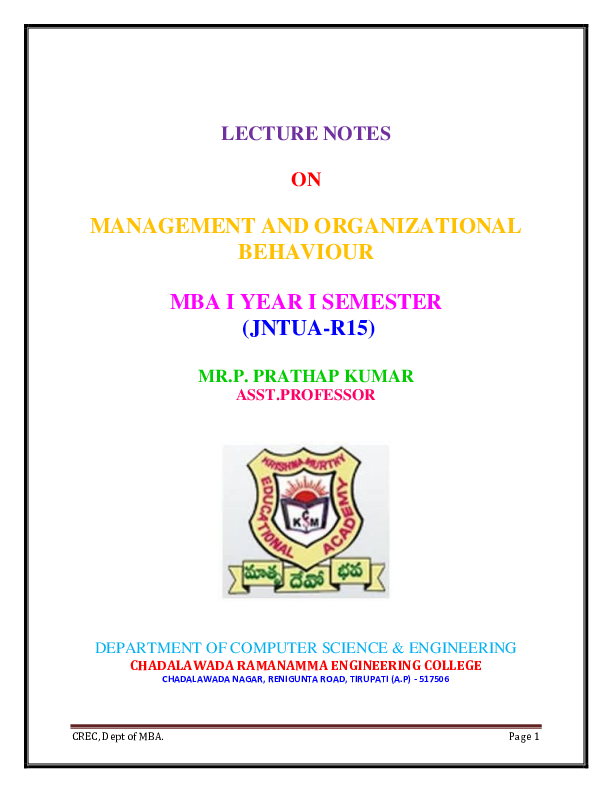 (PDF) LECTURE NOTES ON MANAGEMENT AND ORGANIZATIONAL BEHAVIOUR MBA I ...