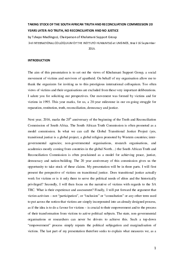 (PDF) Taking Stock of the South African Truth and Reconciliation ...