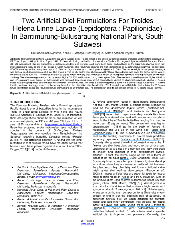 (PDF) Two Artificial Diet Formulations For Troides Helena Linne Larvae ...
