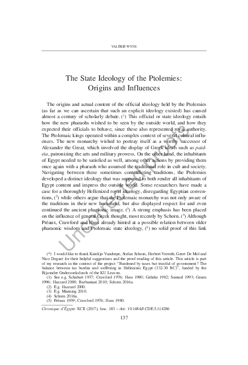 (PDF) The state ideology of the Ptolemies: Origins and influences