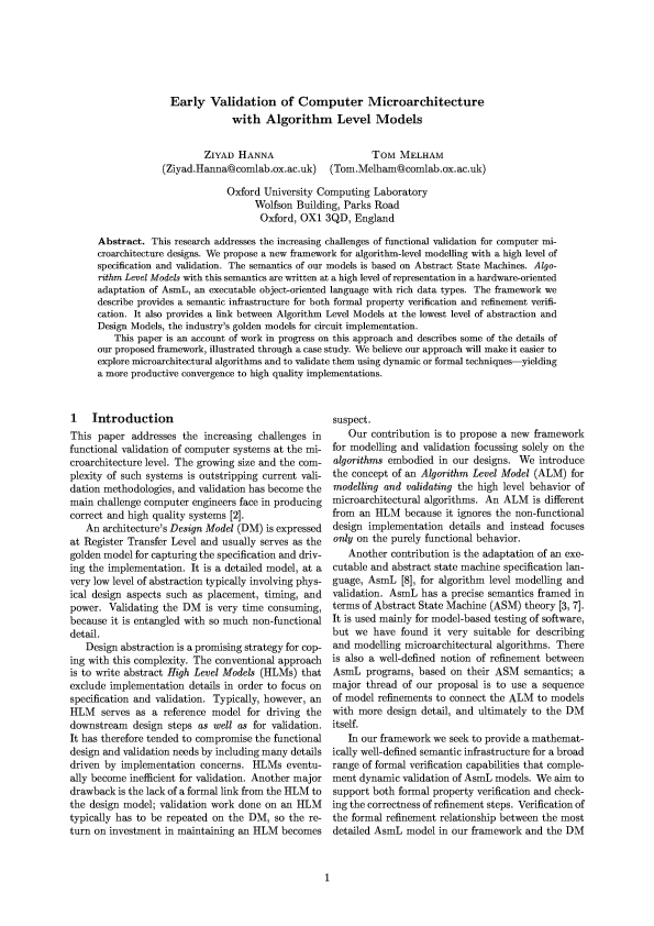 (PDF) Early Validation of Computer Microarchitecture with Algorithm Level Models