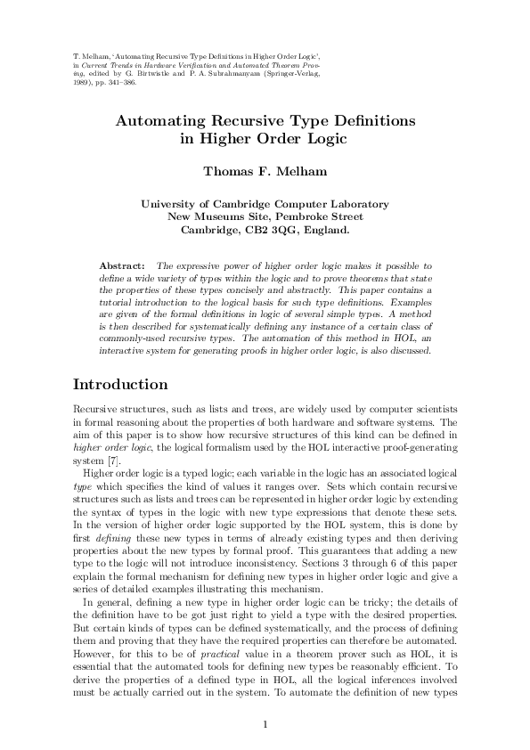 (PDF) Automating Recursive Type Definitions in Higher Order Logic | Tom ...