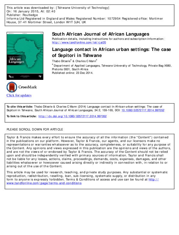 (PDF) Language contact in African urban settings: The case of Sepitori ...