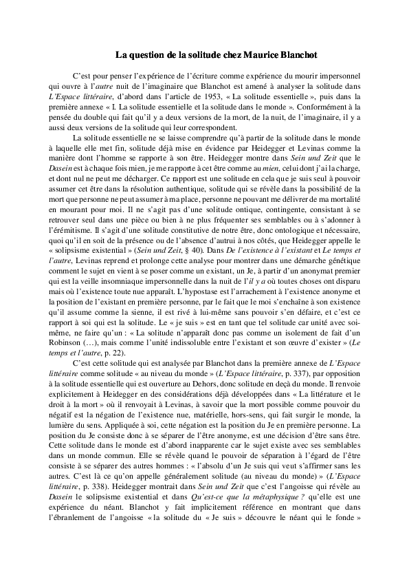 (PDF) La question de la solitude chez Maurice Blanchot