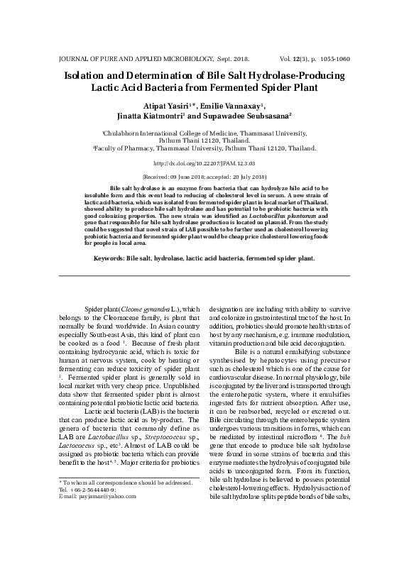 (PDF) Isolation and Determination of Bile Salt Hydrolase-Producing Lactic Acid Bacteria from ...