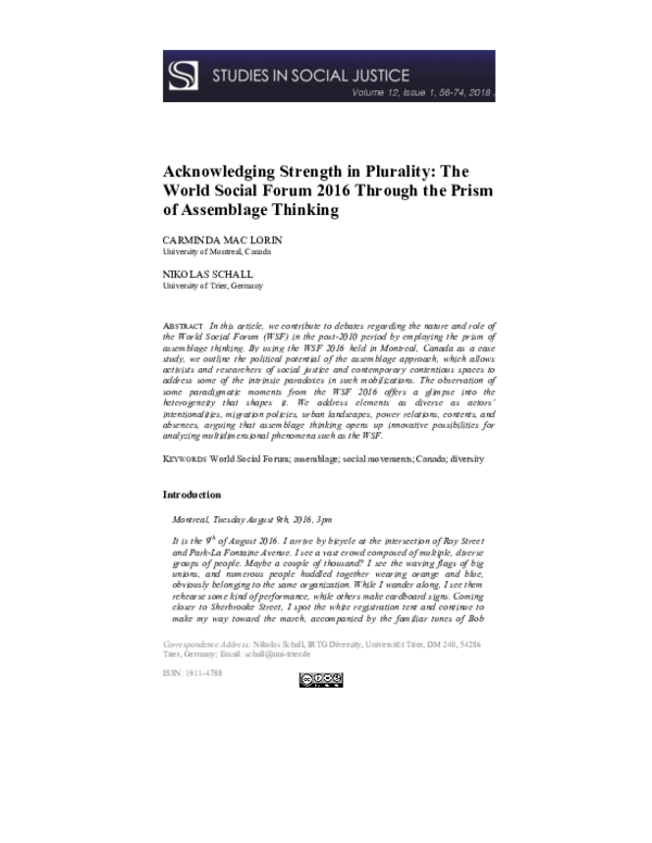 (PDF) Acknowledging Strength in Plurality: The World Social Forum 2016 Through the Prism of ...
