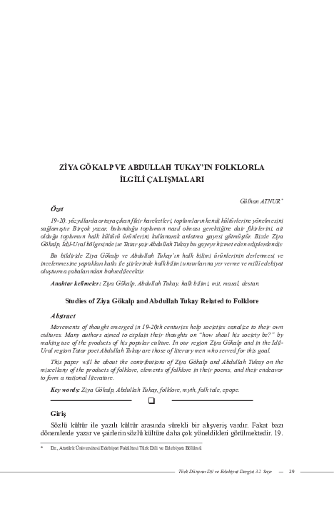 (PDF) ZİYA GÖKALP VE ABDULLAH TUKAY'IN FOLKLORLA İLGİLİ ÇALIŞMALARI
