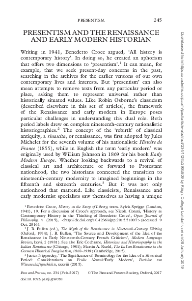 (PDF) PRESENTISM AND THE RENAISSANCE AND EARLY MODERN HISTORIAN
