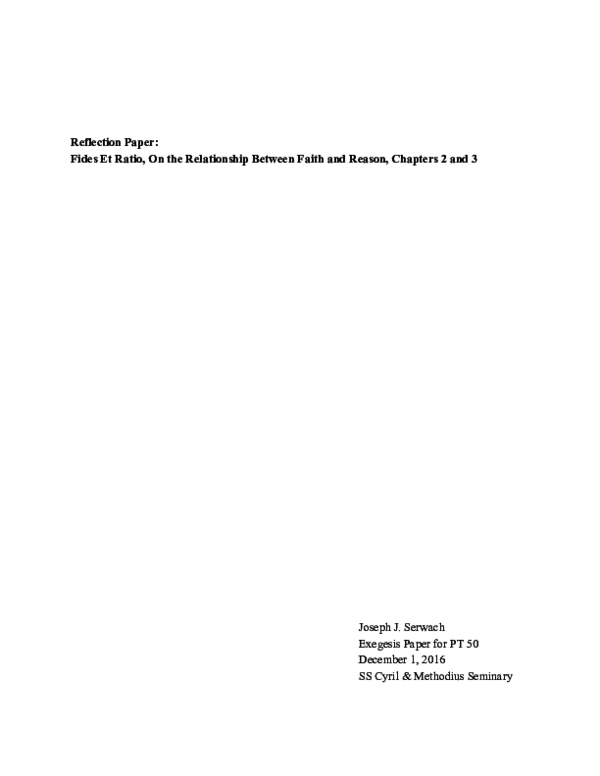(PDF) Reflection Paper: Fides Et Ratio, On the Relationship Between ...