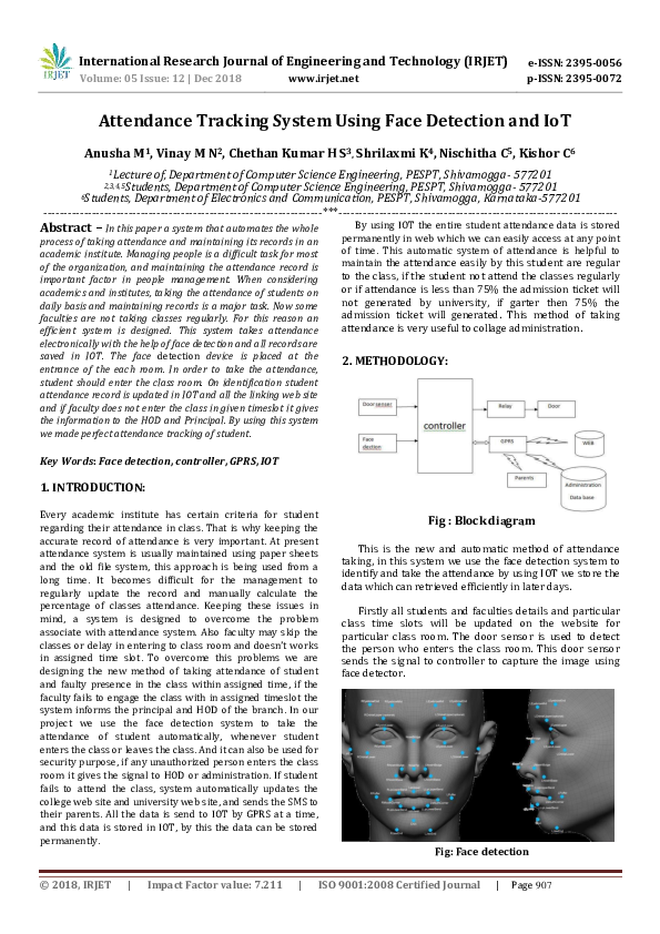 Pdf Irjet Attendance Tracking System Using Face Detection And Iot