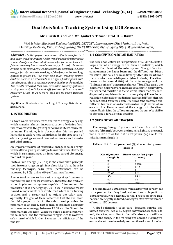 (PDF) IRJET- Dual Axis Solar Tracking System Using LDR Sensors