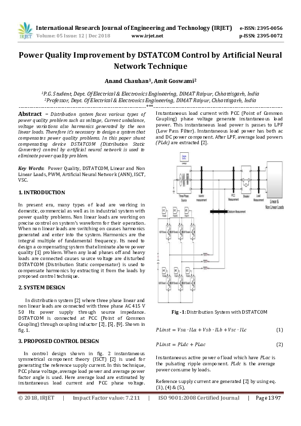 Pdf Irjet Power Quality Improvement By Dstatcom Control By Artificial Neural Network Technique