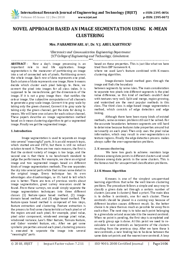 Pdf Irjet Novel Approach Based An Image Segmentation Using K Mean Clustering