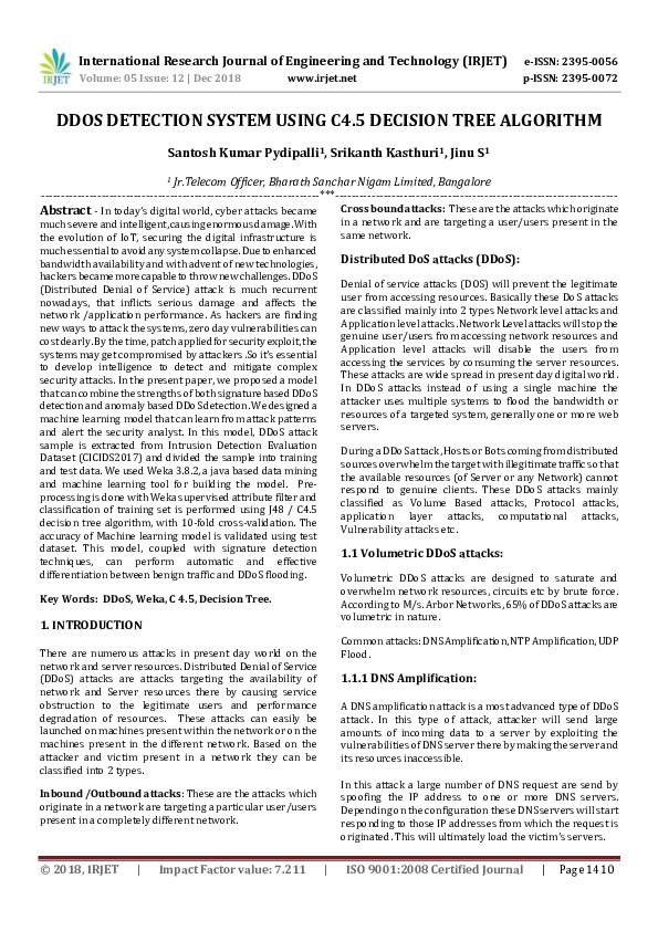 Pdf Irjet Ddos Detection System Using C45 Decision Tree Algorithm