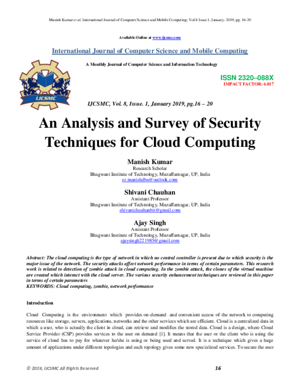 Pdf An Analysis And Survey Of Security Techniques For Cloud Computing