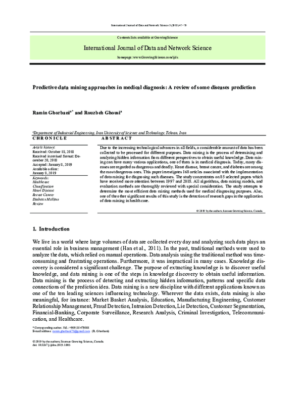 (PDF) Predictive data mining approaches in medical diagnosis: A review of some diseases prediction