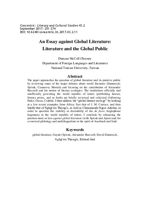 (PDF) An Essay against Global Literature: Literature and the Global Public