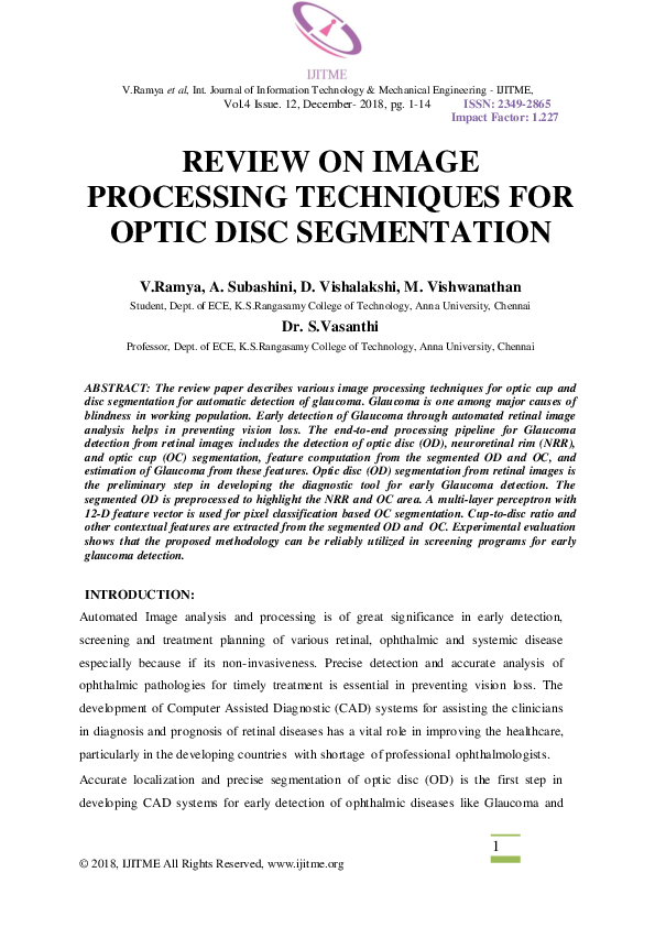 (PDF) REVIEW ON IMAGE PROCESSING TECHNIQUES FOR OPTIC DISC SEGMENTATION