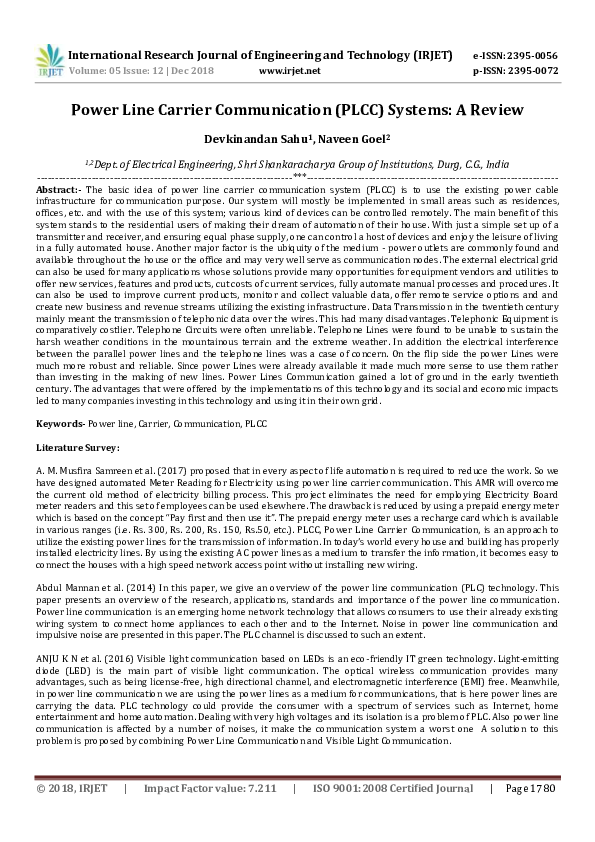 (PDF) IRJET- Power Line Carrier Communication (PLCC) Systems: A Review