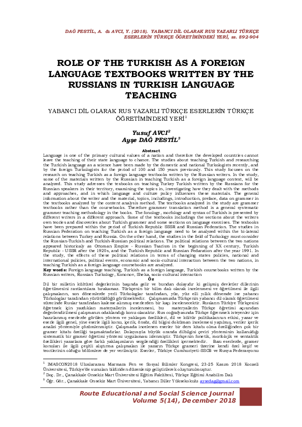 (DOC) ROLE OF THE TURKISH AS A FOREIGN LANGUAGE TEXTBOOKS WRITTEN BY ...