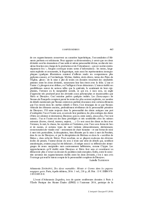 (PDF) Compte rendu Athanassia Zografou, Des dieux maniables. Hécate et ...