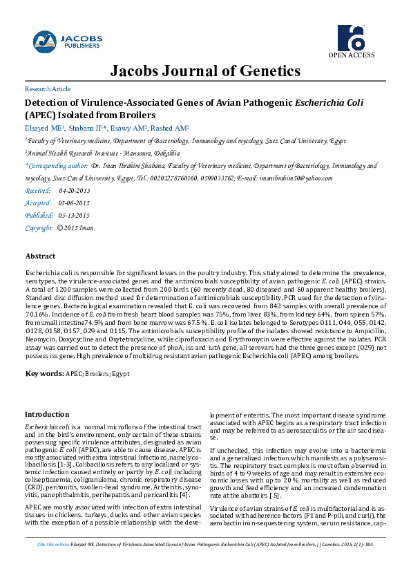 Pdf Detection Of Virulence Associated Genes Of Avian Pathogenic Escherichia Coli Apec