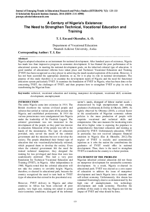 (PDF) A Century of Nigeria's Existence: The Need to Strengthen Technical, Vocational Education ...